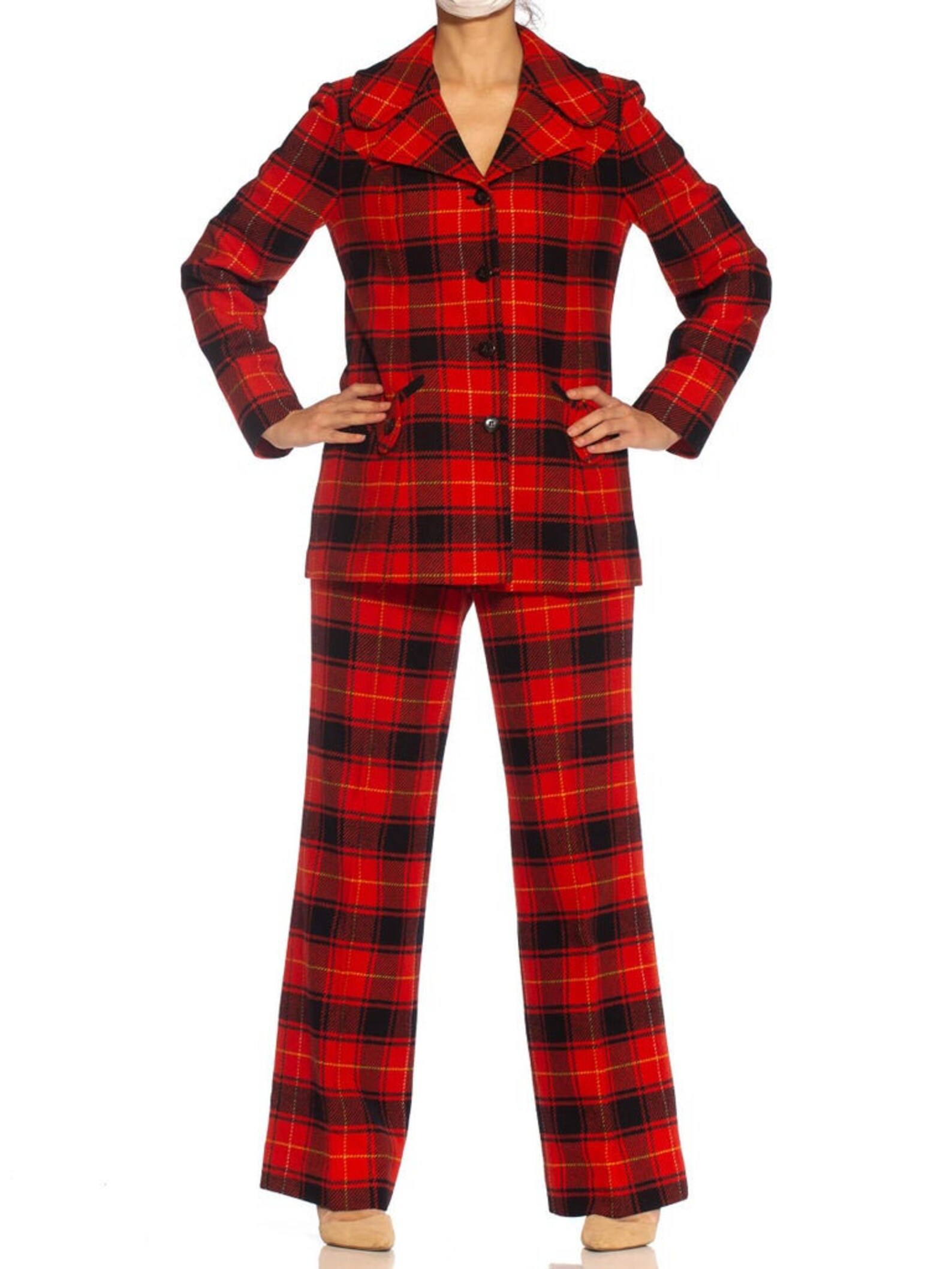 1960S Pendleton Red Black Plaid Wool Fully Lined, Wide Lapel Pant Suit ...
