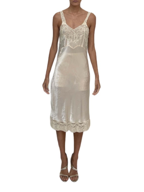 1940s Ivory Bias Cut Rayon Satin Slip With Lace Trim Gem