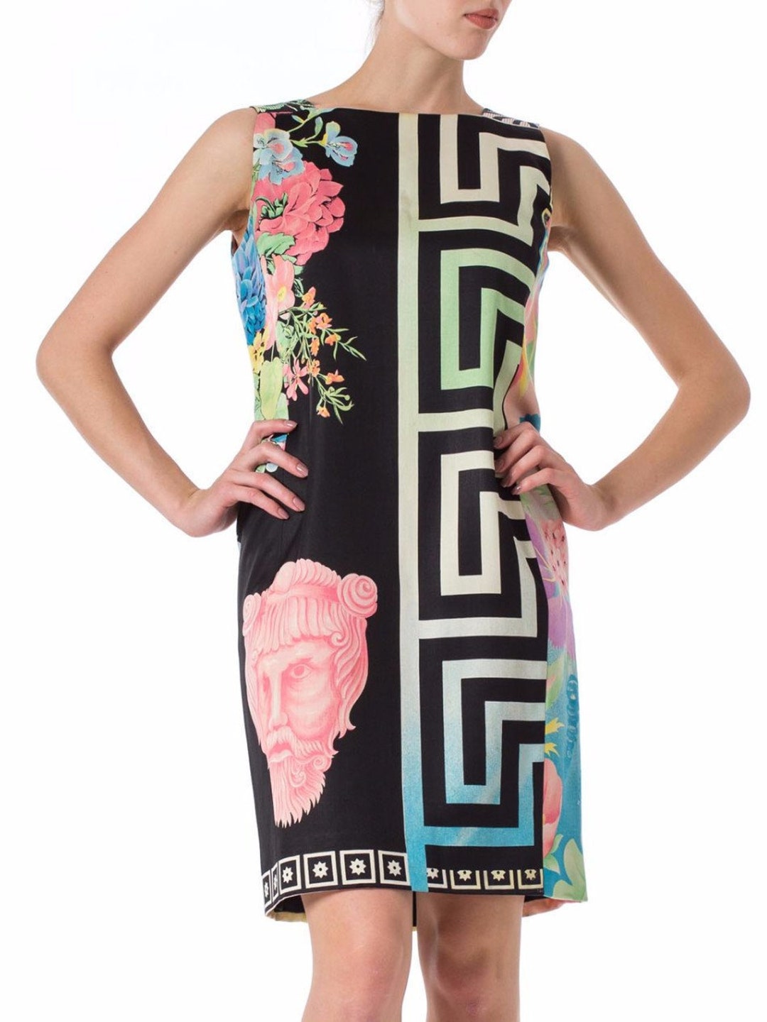 1990S GIANNI VERSACE Pastel & Black Wool Blend Sateen Tropical Floral ...