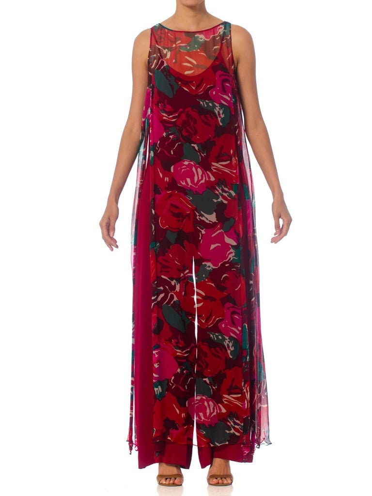 1970S Cranberry Red Rayon Jumpsuit With Floral Silk Chiffon Duster ...