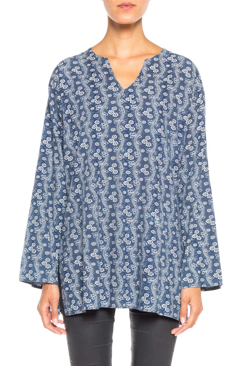 1920S Indigo Blue & White Organic Cotton Floral Print Tunic Top - Etsy