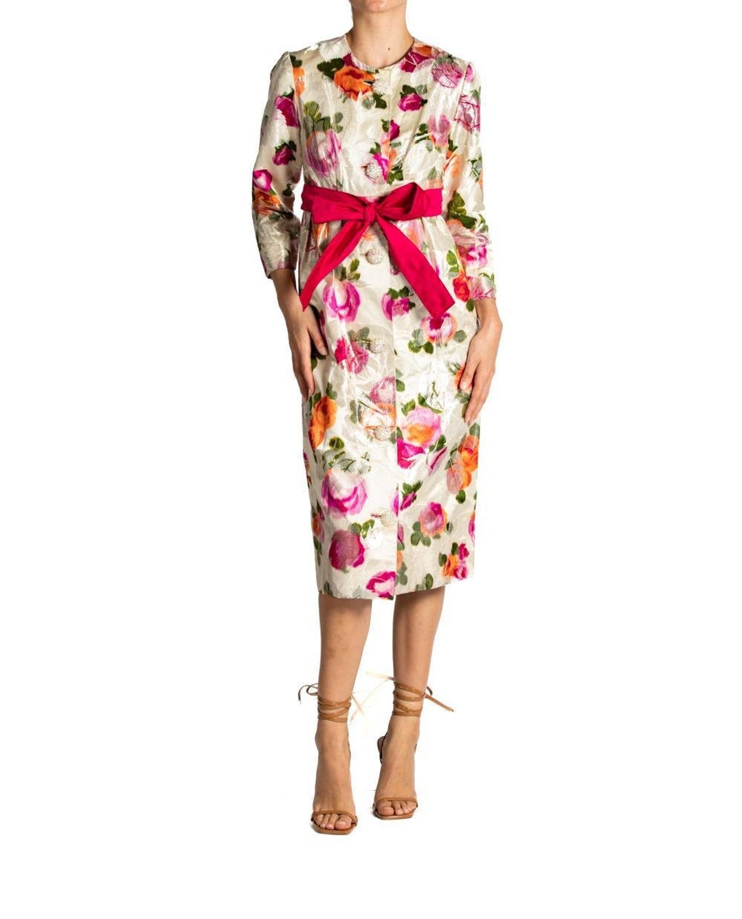 1960S PAUL WHITNEY Floral Print Metallic Silk Blend Brocade Coat Dress ...