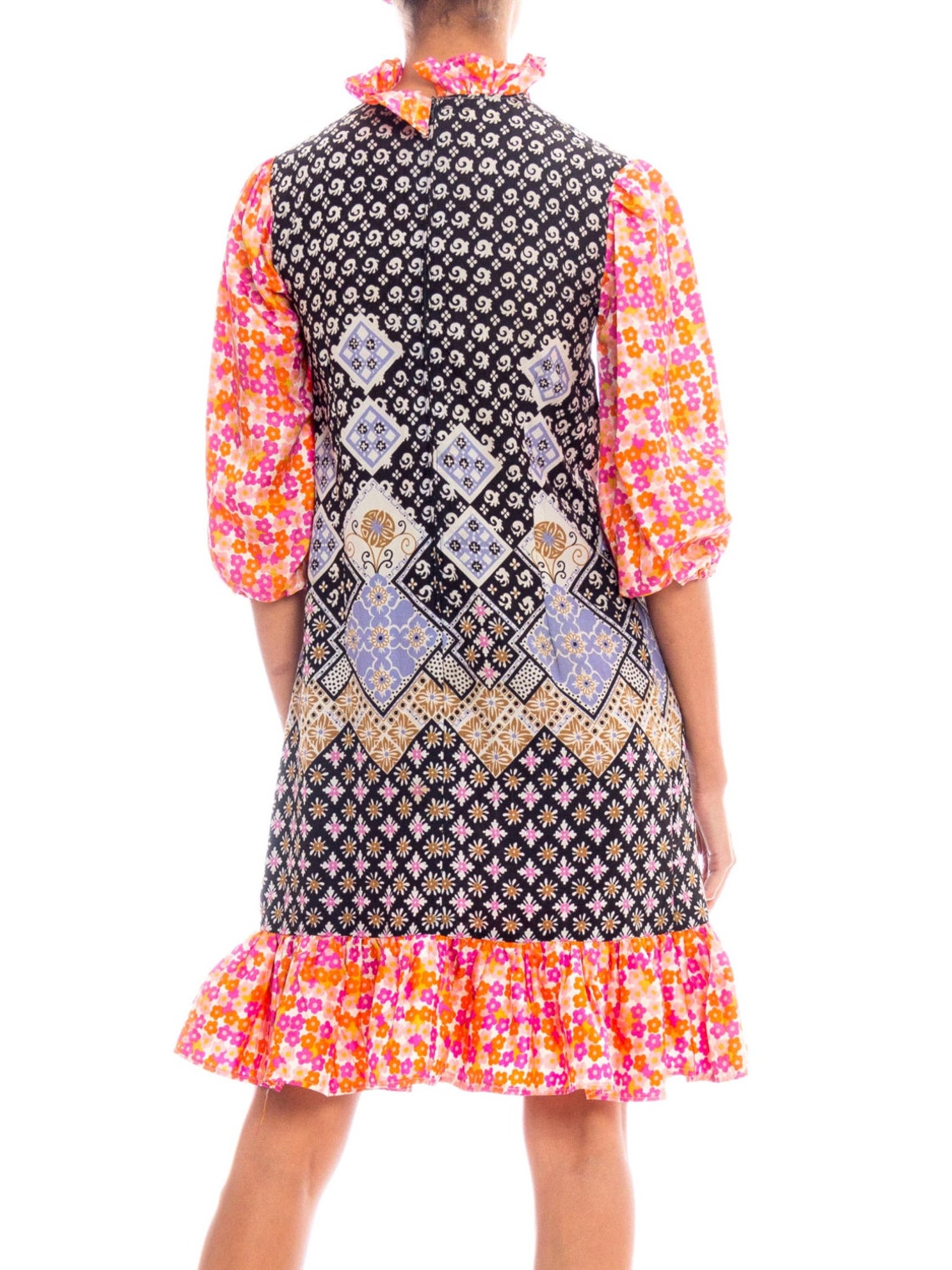 1960S Multicolor Patchwork Boho Printed Polyester Dress With Ruffle ...