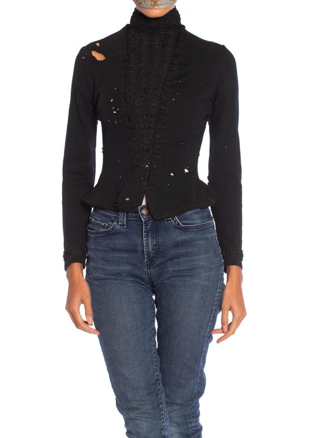 Victorian Black Wool Blend Knit Beautifully Tattered Embroidered 1880S ...