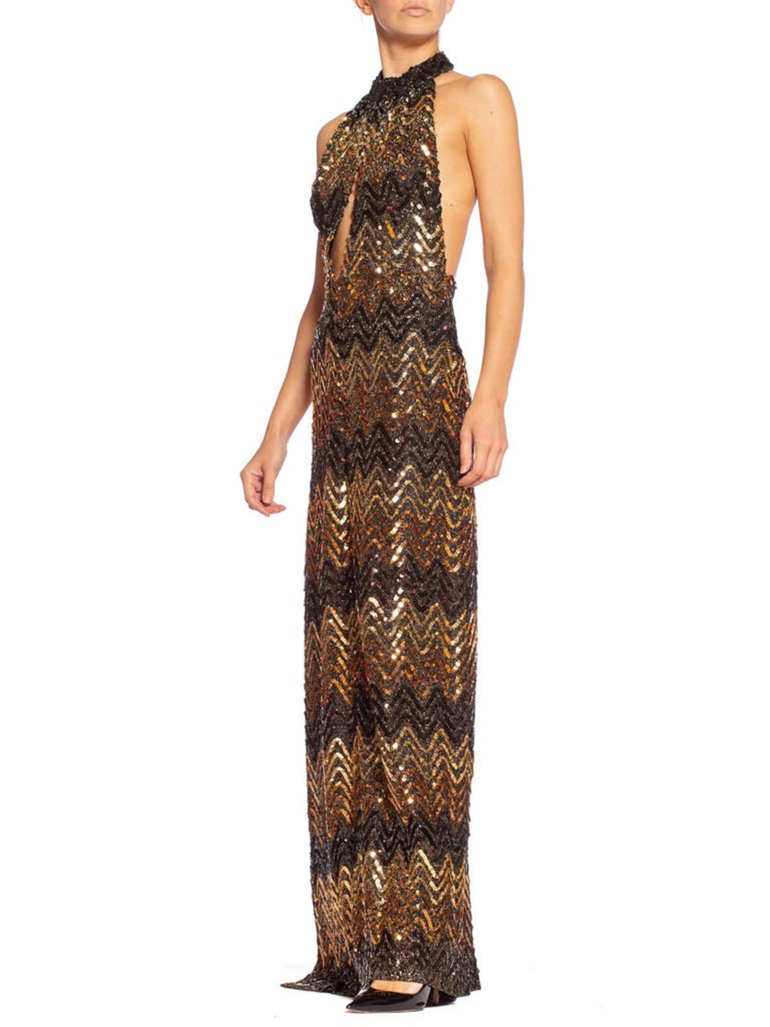 MORPHEW COLLECTION Copper & Gold Backless Disco Gown With Slit Made ...