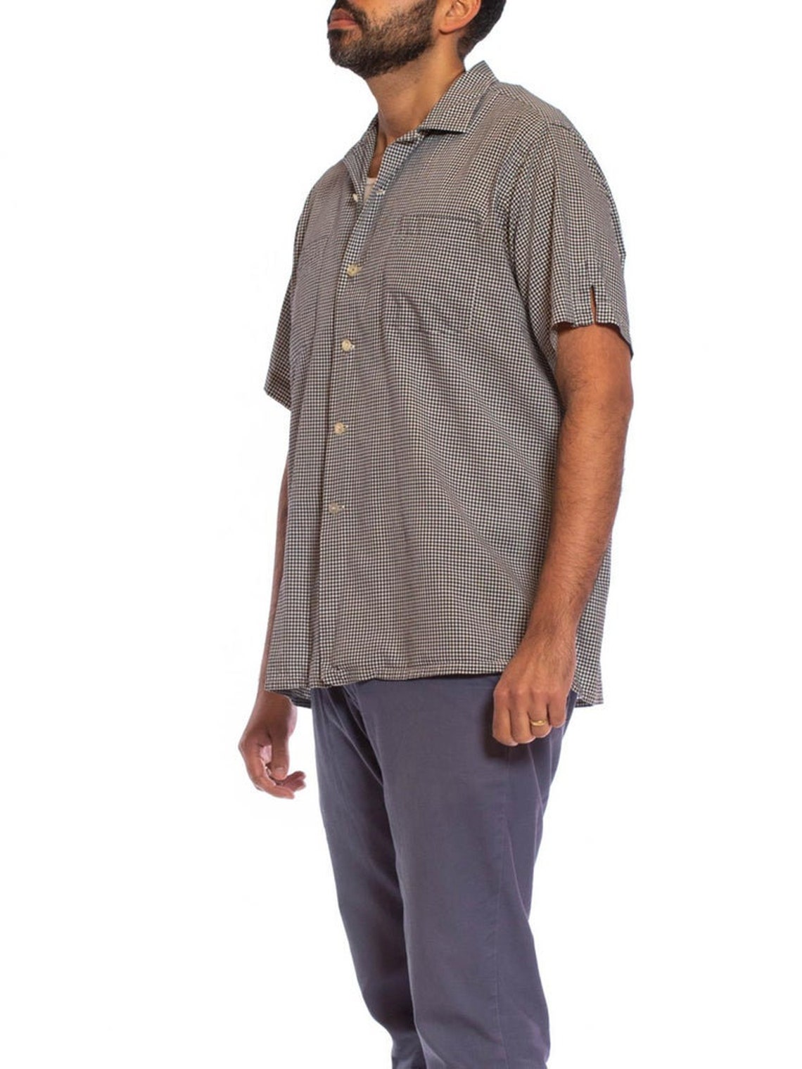 1950S Black White Pima Cotton Micro Plaid Check Loop Button Men's Shirt ...