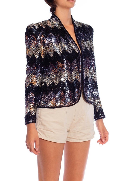 1970S Black Silver Zig-Zag Sequin Cropped Evening Ja… - Gem