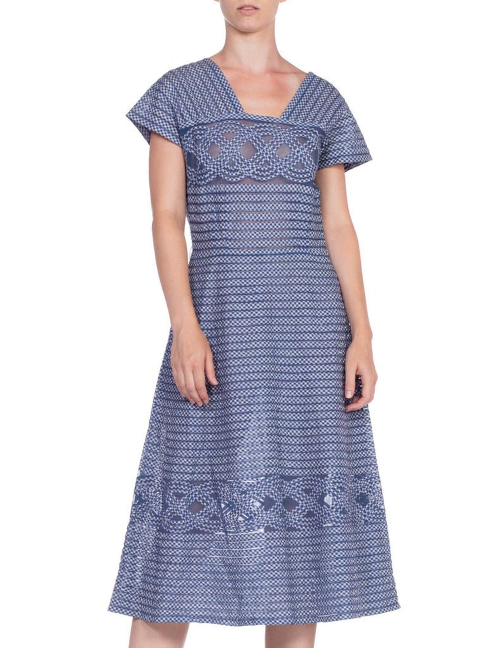 1950S KRAMER ORIGINAL Blue & White Cotton Gingham Appliqué on Net Fit ...