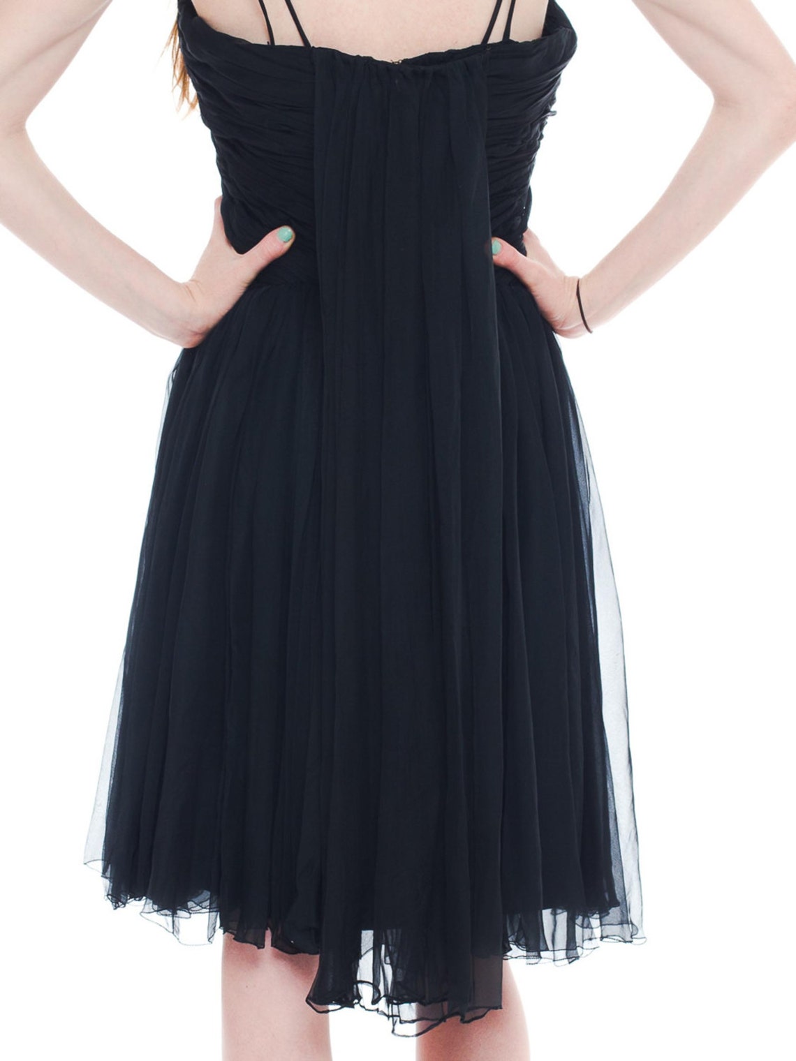 1950S BOB BUGNAND Black Silk Chiffon Draped Bodice & Swing Skirt ...