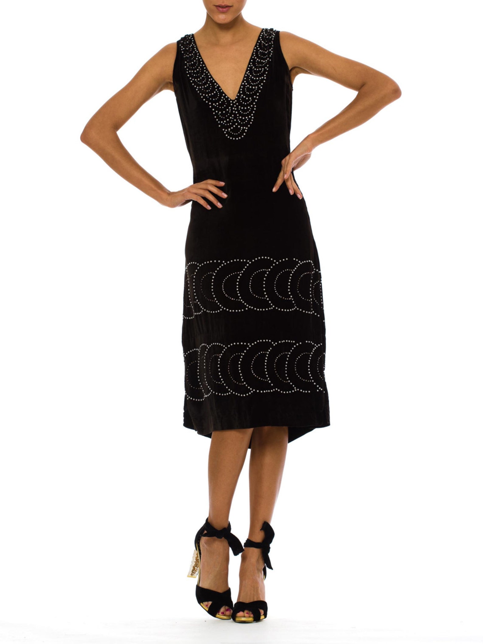 1920S Black Silk Velvet Low Back Cocktail Dress With Deco Pearl ...