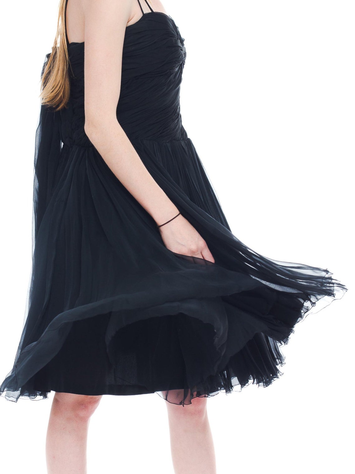 1950S BOB BUGNAND Black Silk Chiffon Draped Bodice & Swing Skirt ...