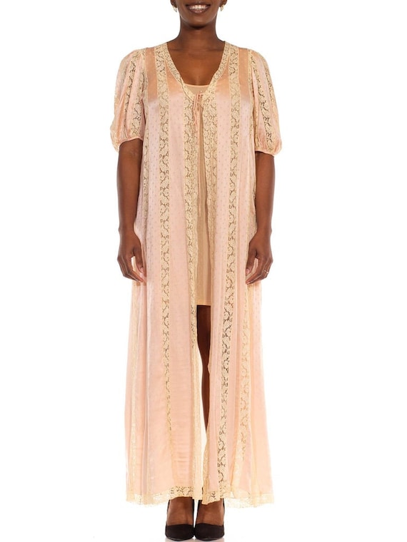 1970S Peach Cream Silk Lace Duster - Gem
