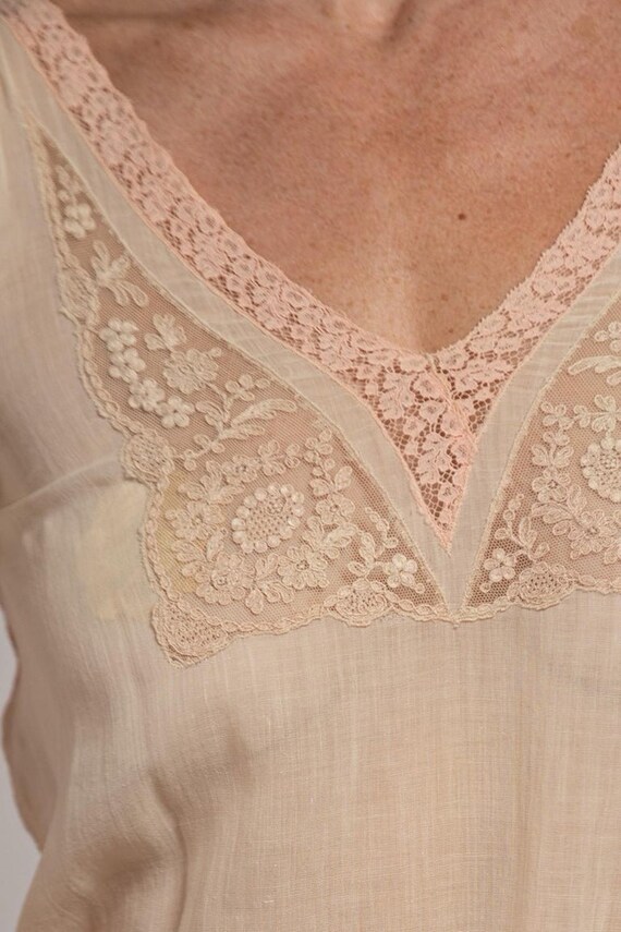 1920S Cream Cotton Voile Negligee With Pink Lace - Gem
