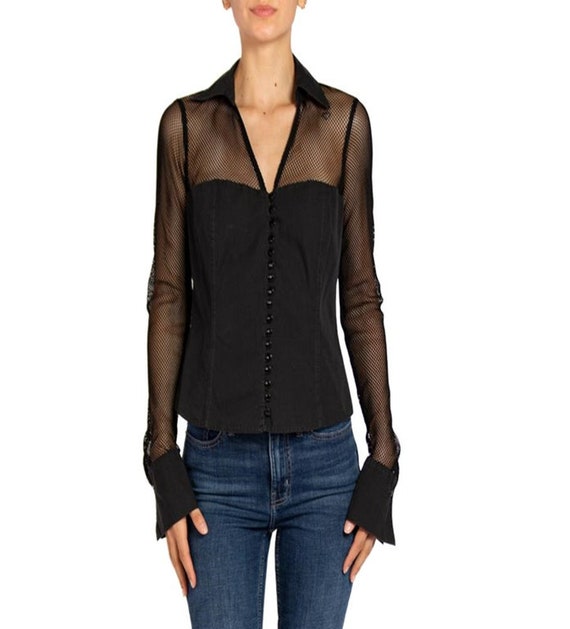 1990S Black Poly/Nylon Fishnet Bustier Top - Gem