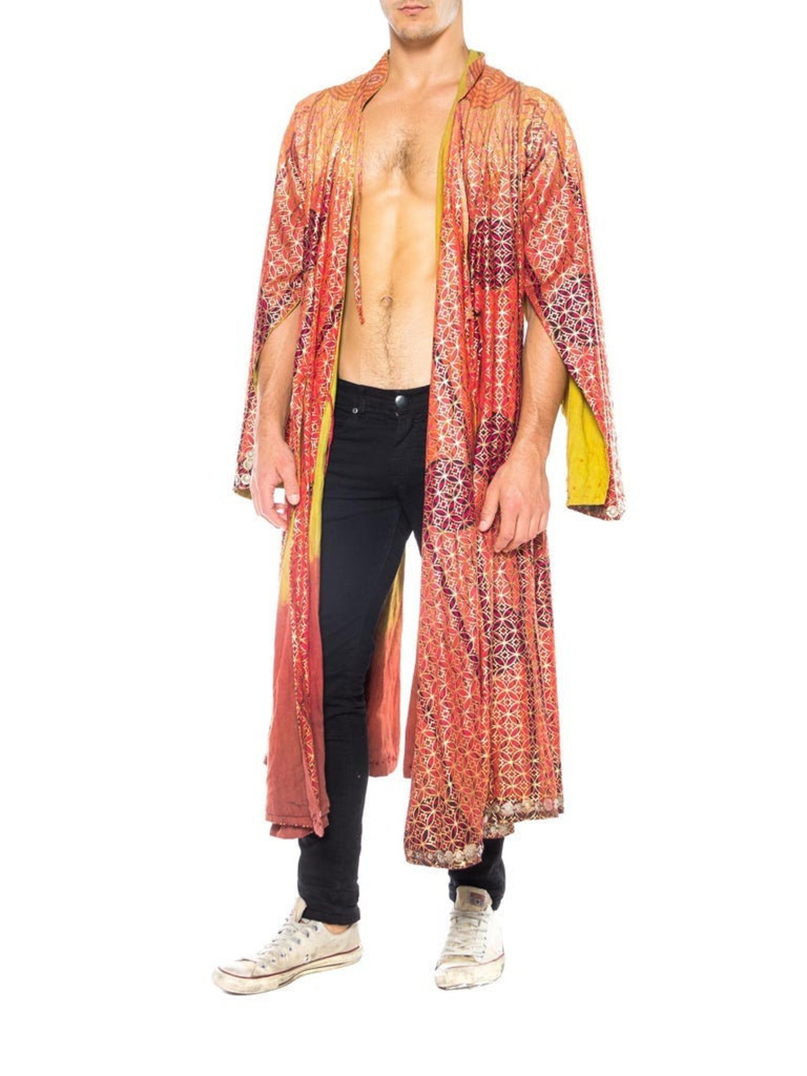 1960S Gold Hand Printed Cotton Blend Full Length Metallic Robe ...