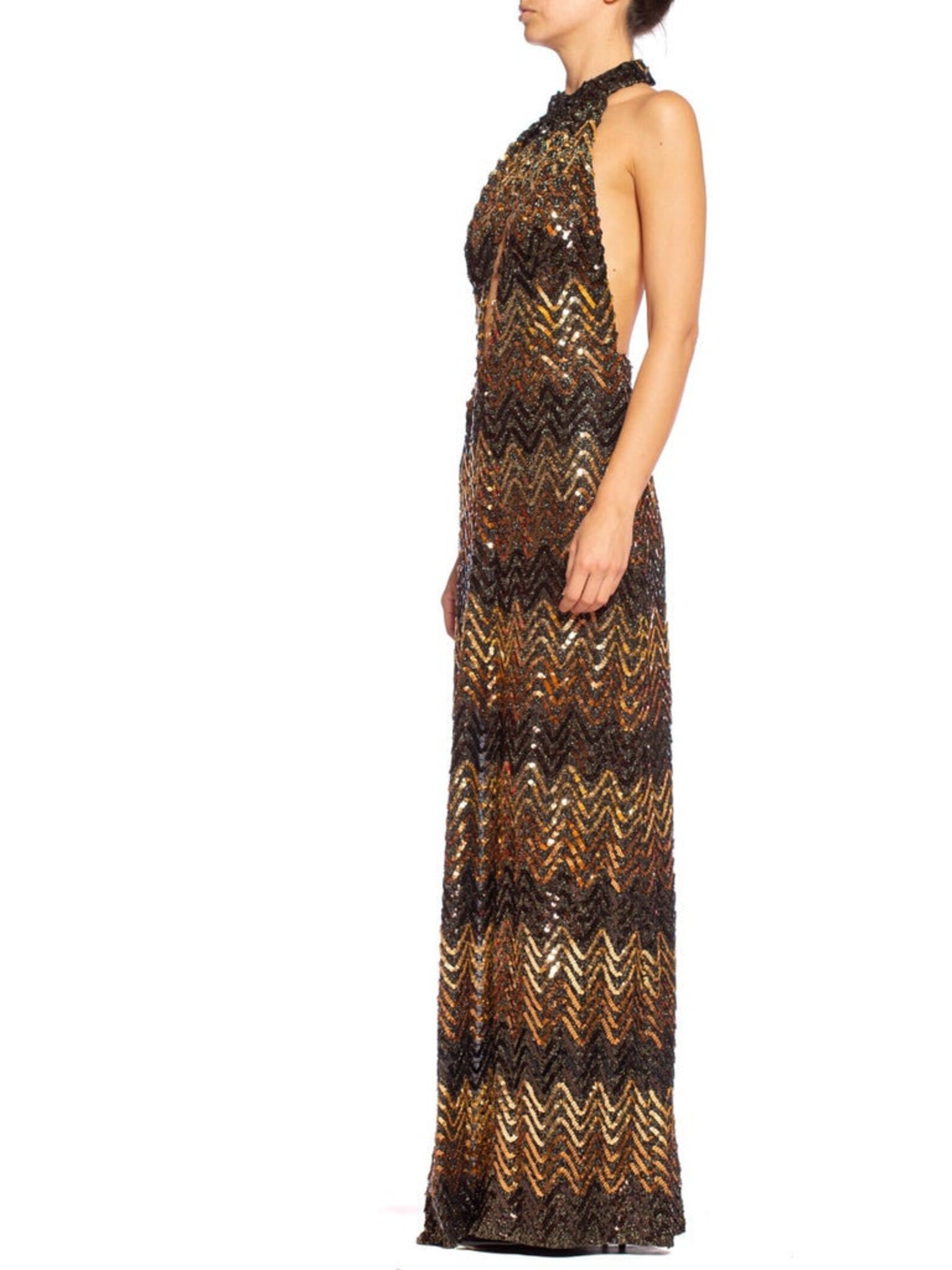 MORPHEW COLLECTION Copper & Gold Backless Disco Gown With Slit Made ...