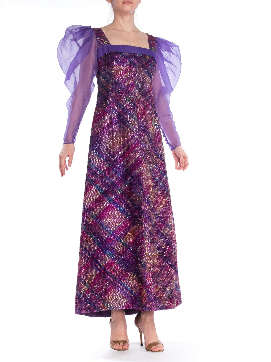 1970S Pink & Purple Silk Poof Sleeve Organza Metallic Foil Embroidered ...