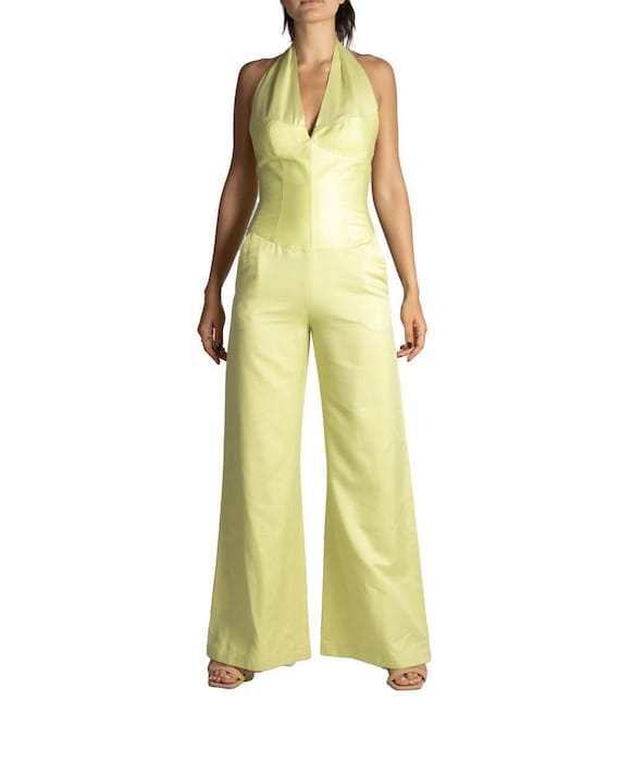 1990S THIERRY MUGLER Mint Green Metallic Silk Jumpsuit - Gem