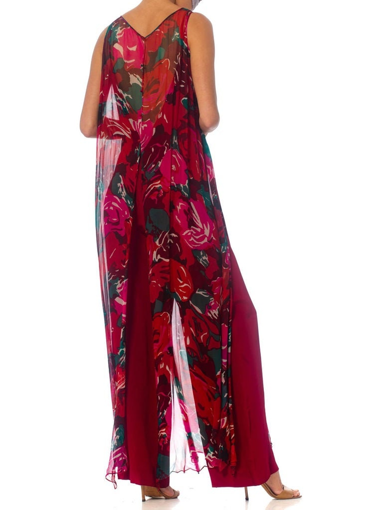 1970S Cranberry Red Rayon Jumpsuit With Floral Silk Chiffon Duster ...
