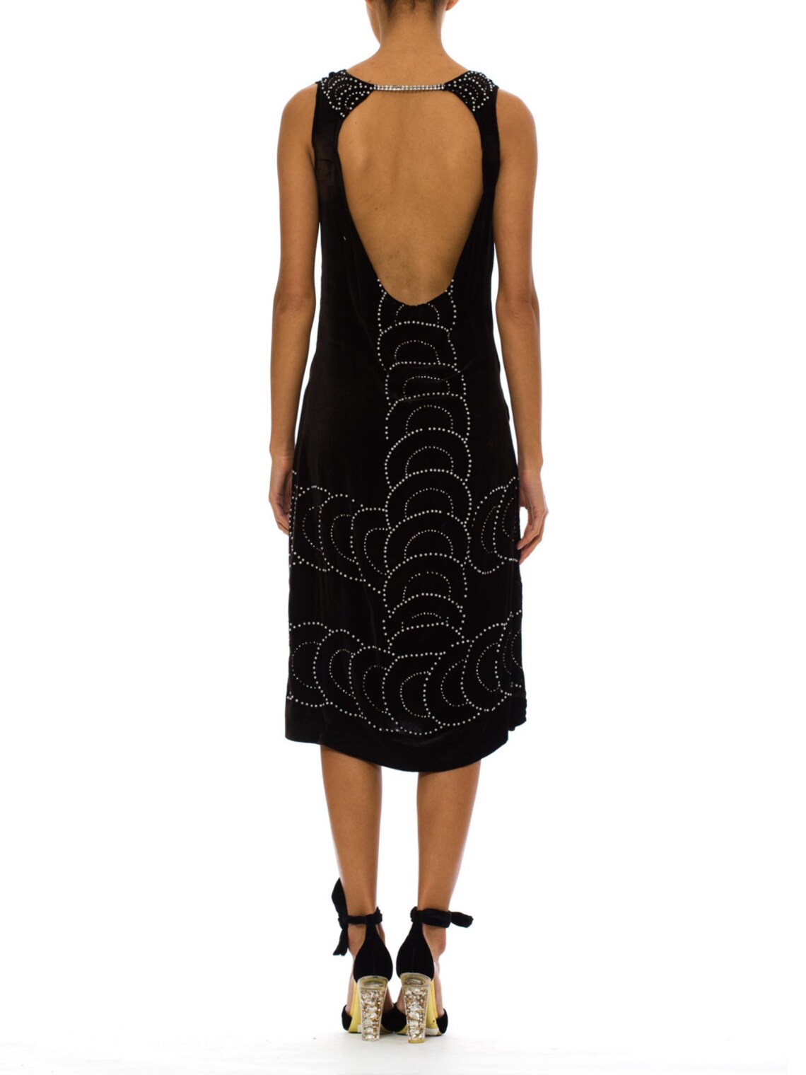 1920S Black Silk Velvet Low Back Cocktail Dress With Deco Pearl ...