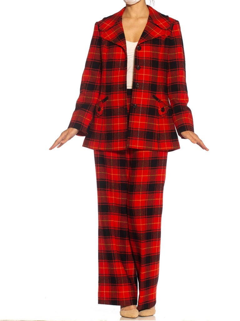 1960S Pendleton Red Black Plaid Wool Fully Lined, Wide Lapel Pant Suit ...