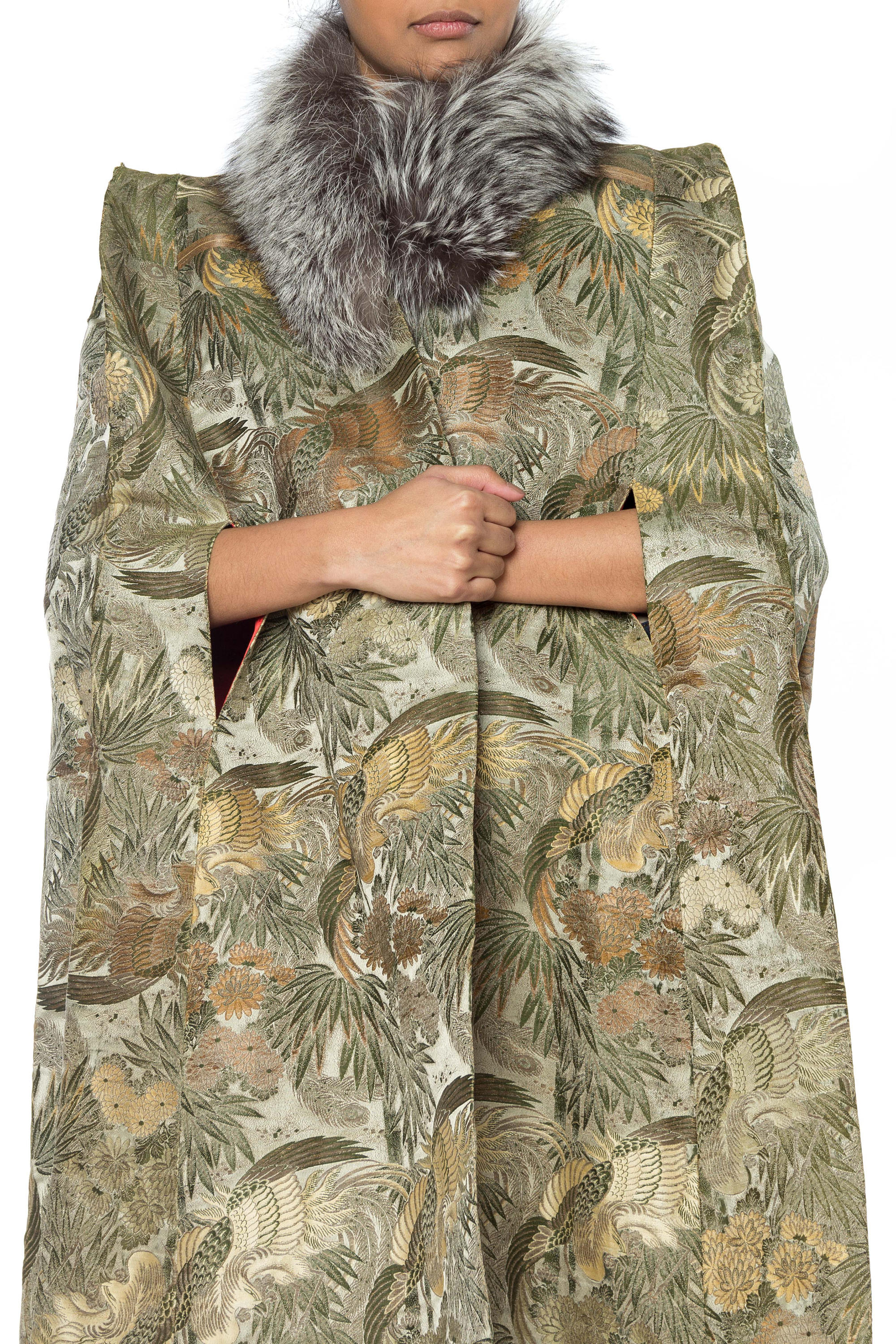 1940S Green & Gold Silk Cape Made From Antique Japanese Jacquard With ...
