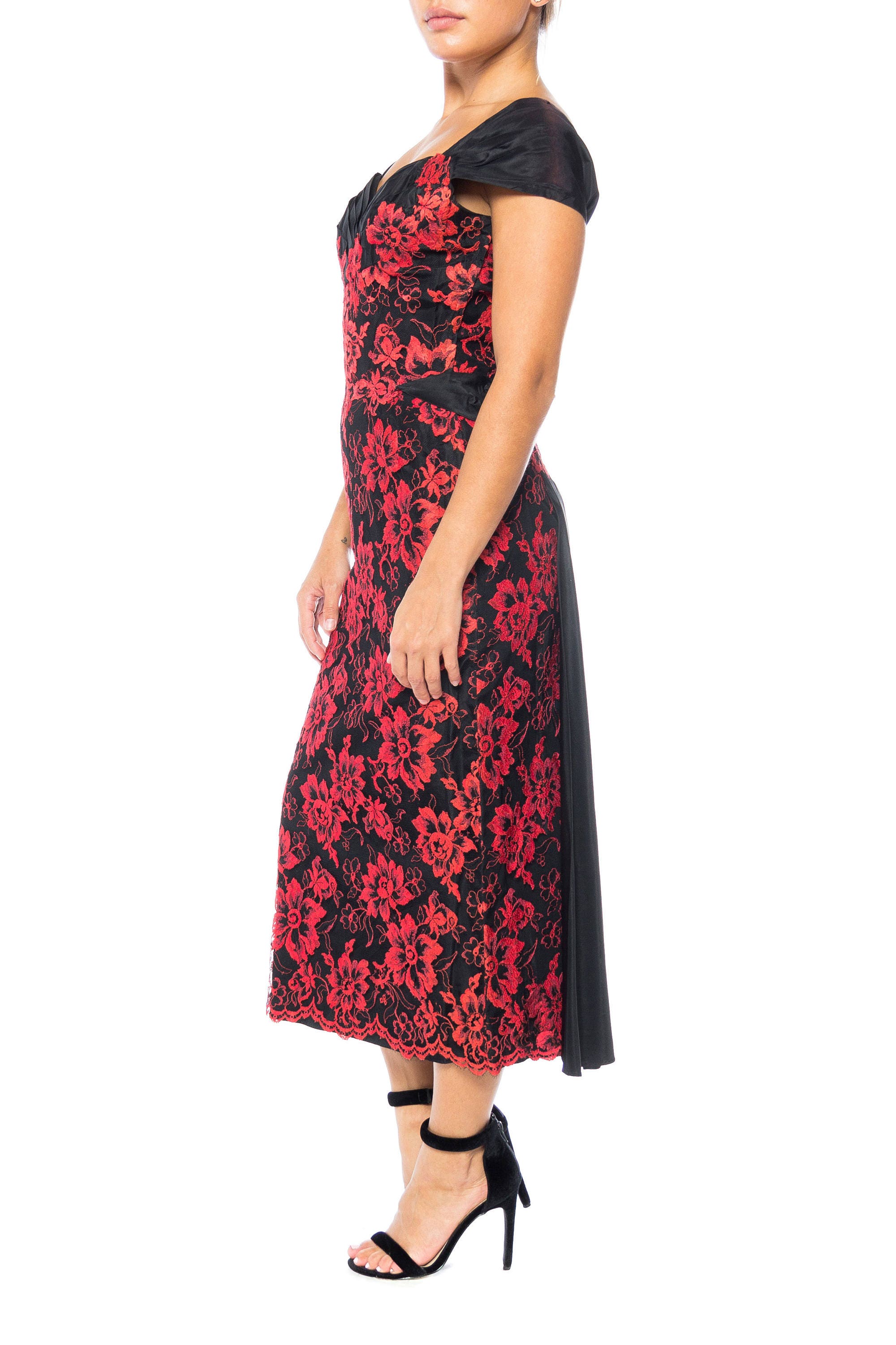 1950S PEGGY HUNT Black & Red Silk Taffeta Chantilly Lace Cocktail Dress ...