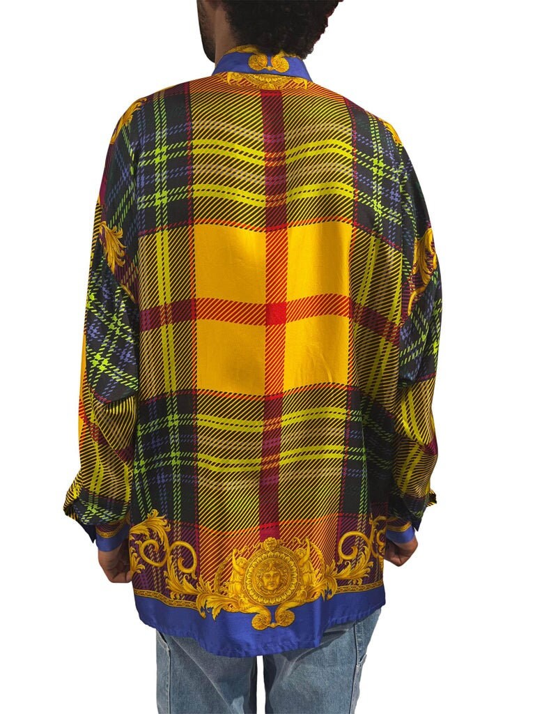 1990S Gianni Versace Multicolor Plaid Silk Shirt Medusa 1990S Gianni Versace Multicolor Plaid Silk Shirt Medusa