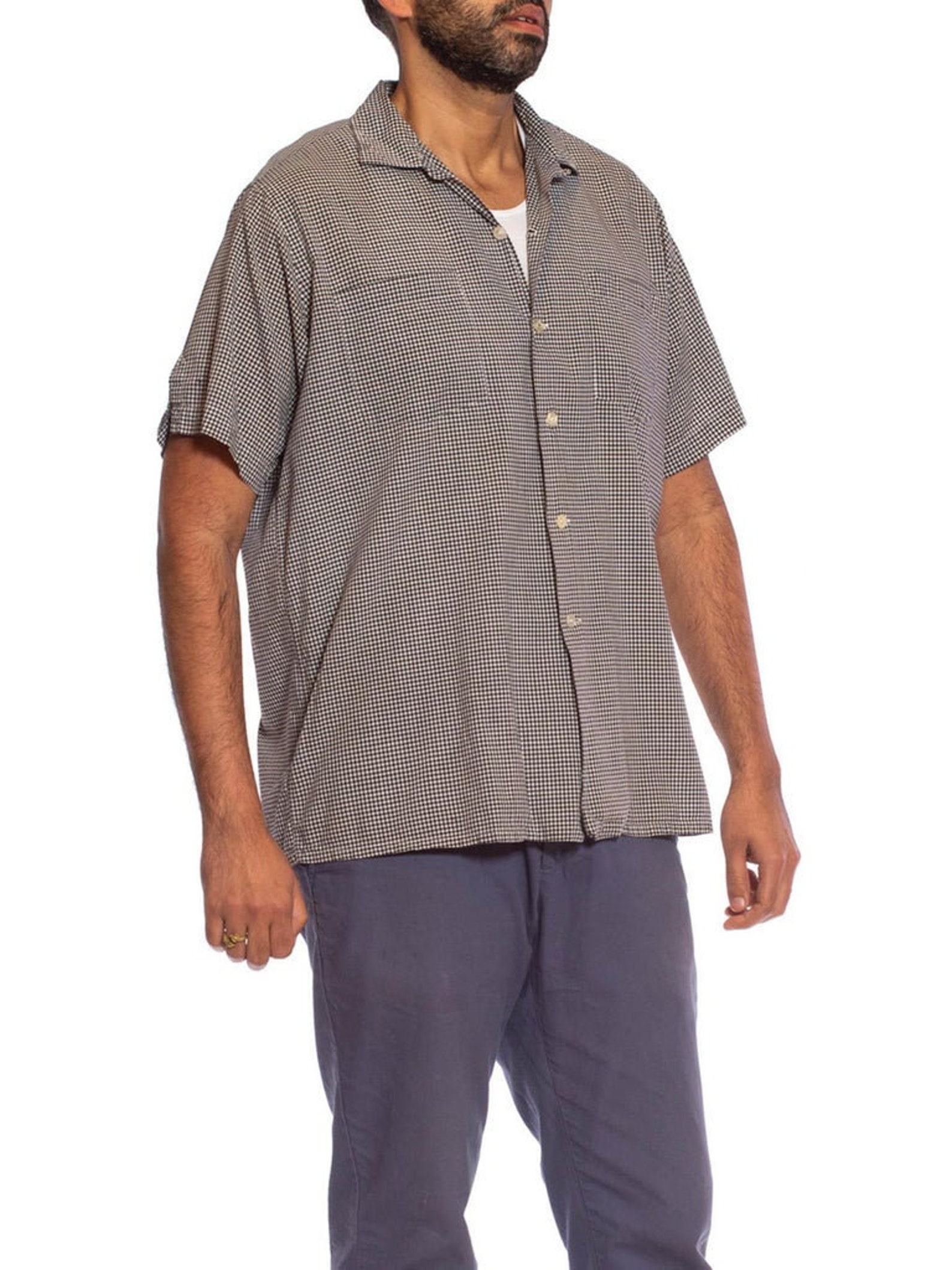 1950S Black White Pima Cotton Micro Plaid Check Loop Button Men's Shirt ...