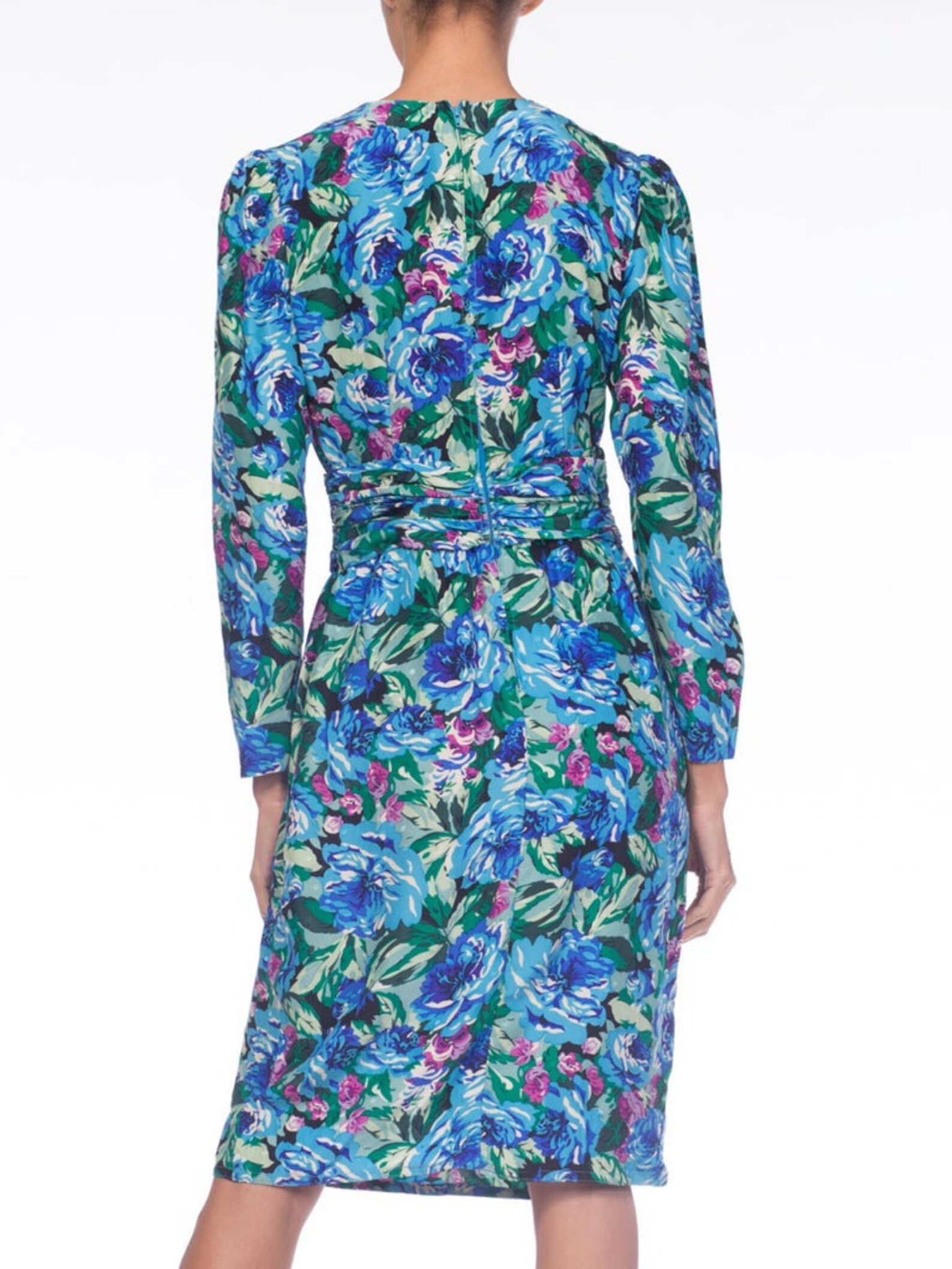 1980S EMANUEL UNGARO Style Blue Floral Silk Jacquard Long Sleeve Dress ...