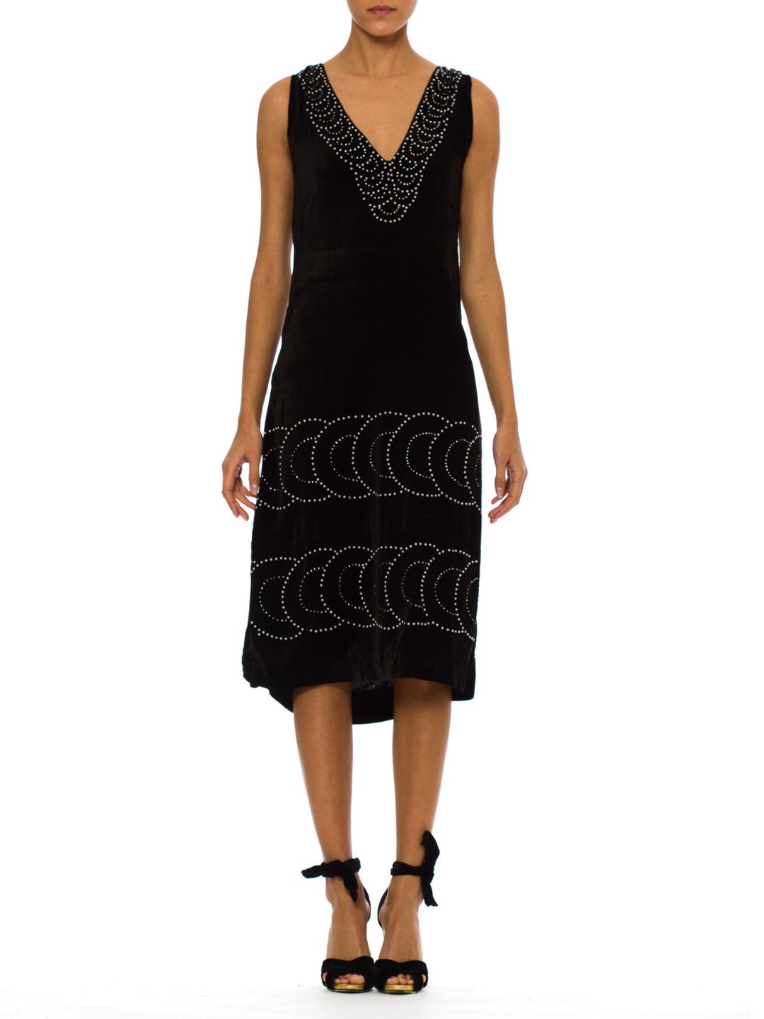 1920S Black Silk Velvet Low Back Cocktail Dress With Deco Pearl ...