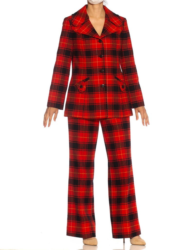1960S Pendleton Red Black Plaid Wool Fully Lined, Wide Lapel Pant Suit ...