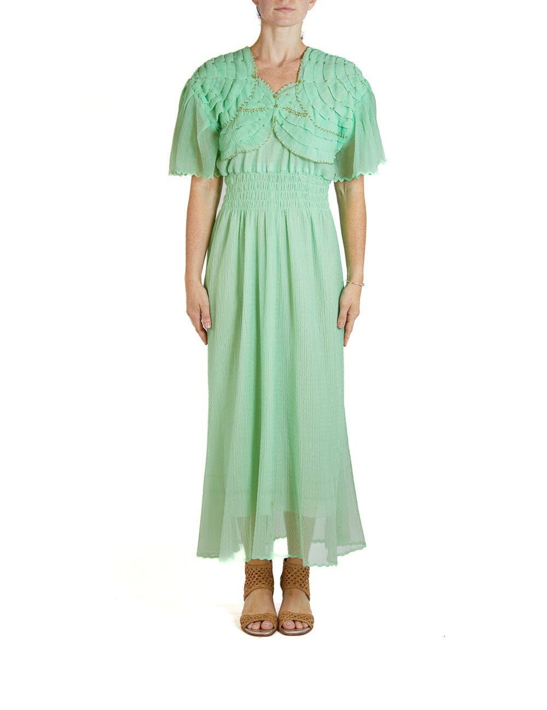 1970S Jade Green Poly/nylon Gown With Couture Detailed Beaded Bodice - Etsy