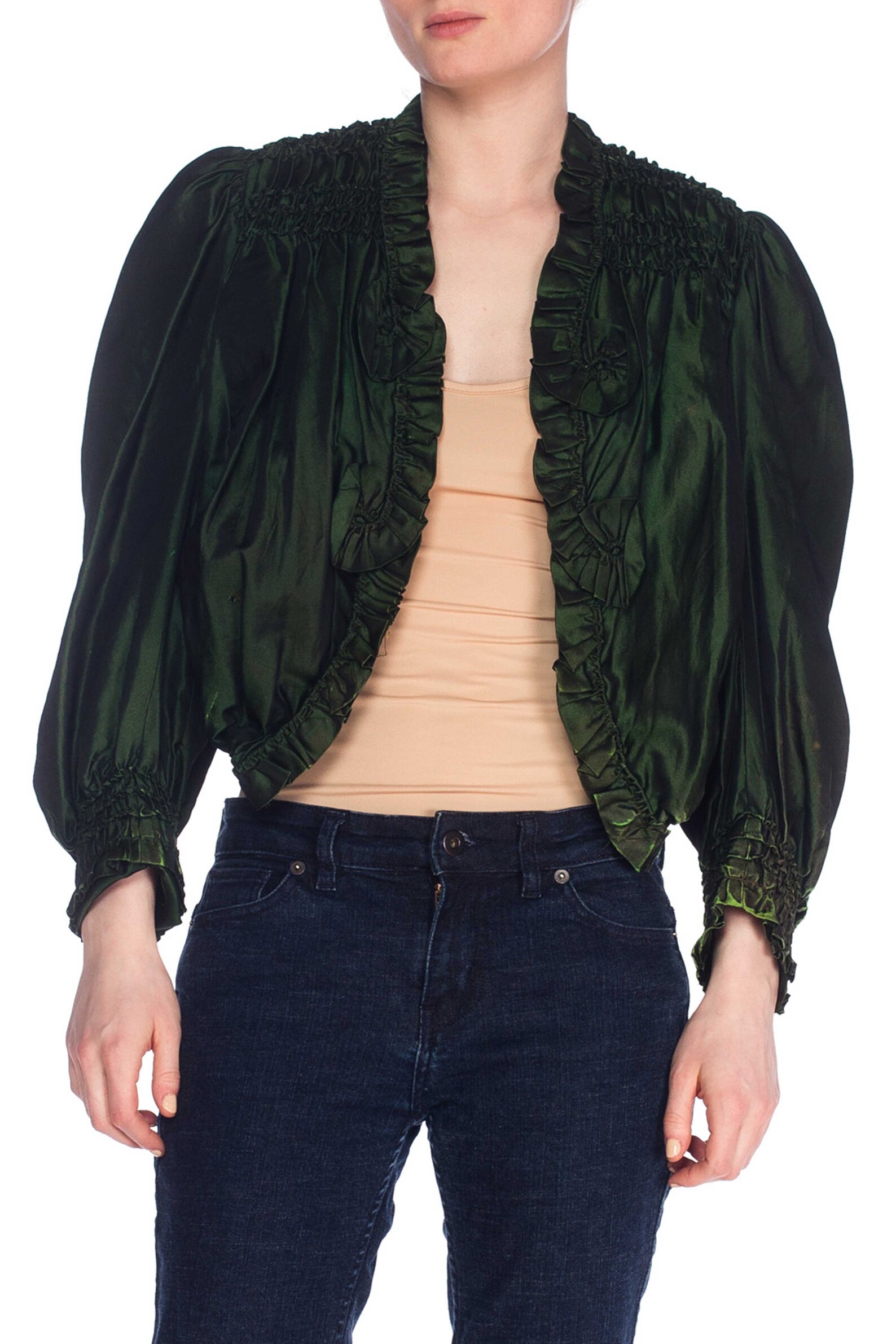 Victorian Arsenic Green Silk Taffeta Shirred & Ruffled Blouse With ...