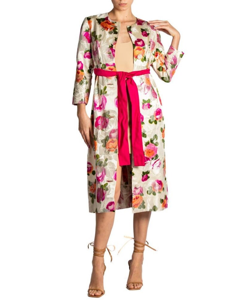 1960S PAUL WHITNEY Floral Print Metallic Silk Blend Brocade Coat Dress ...