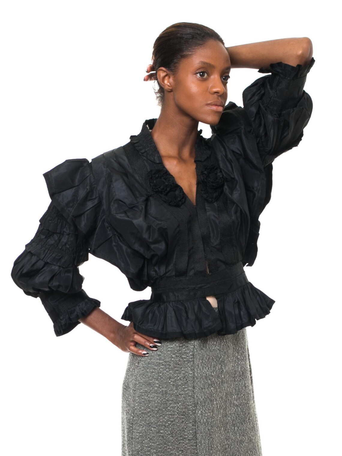 Edwardian Black Silk Taffeta Dramatic Ruffled Puff Sleeve Blouse Some ...