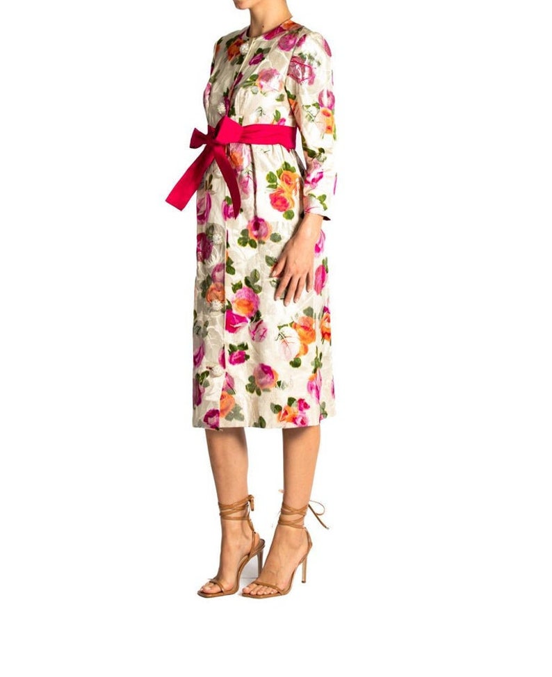1960S PAUL WHITNEY Floral Print Metallic Silk Blend Brocade Coat Dress ...