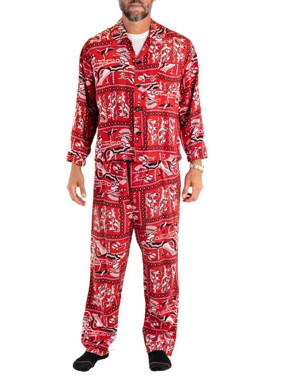 1940S Ruby Red Rayon Horse Chariot Pajamas - Gem