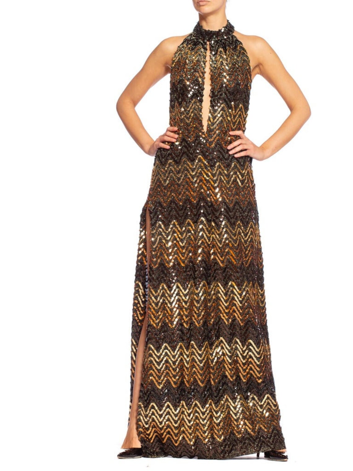 MORPHEW COLLECTION Copper & Gold Backless Disco Gown With Slit Made ...