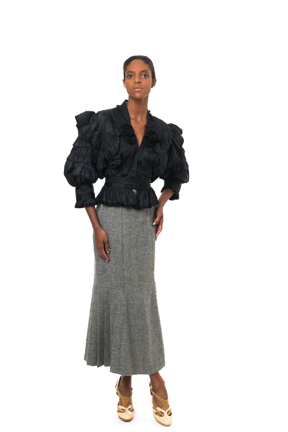 Edwardian Black Silk Taffeta Dramatic Ruffled Puff Sleeve Blouse Some ...