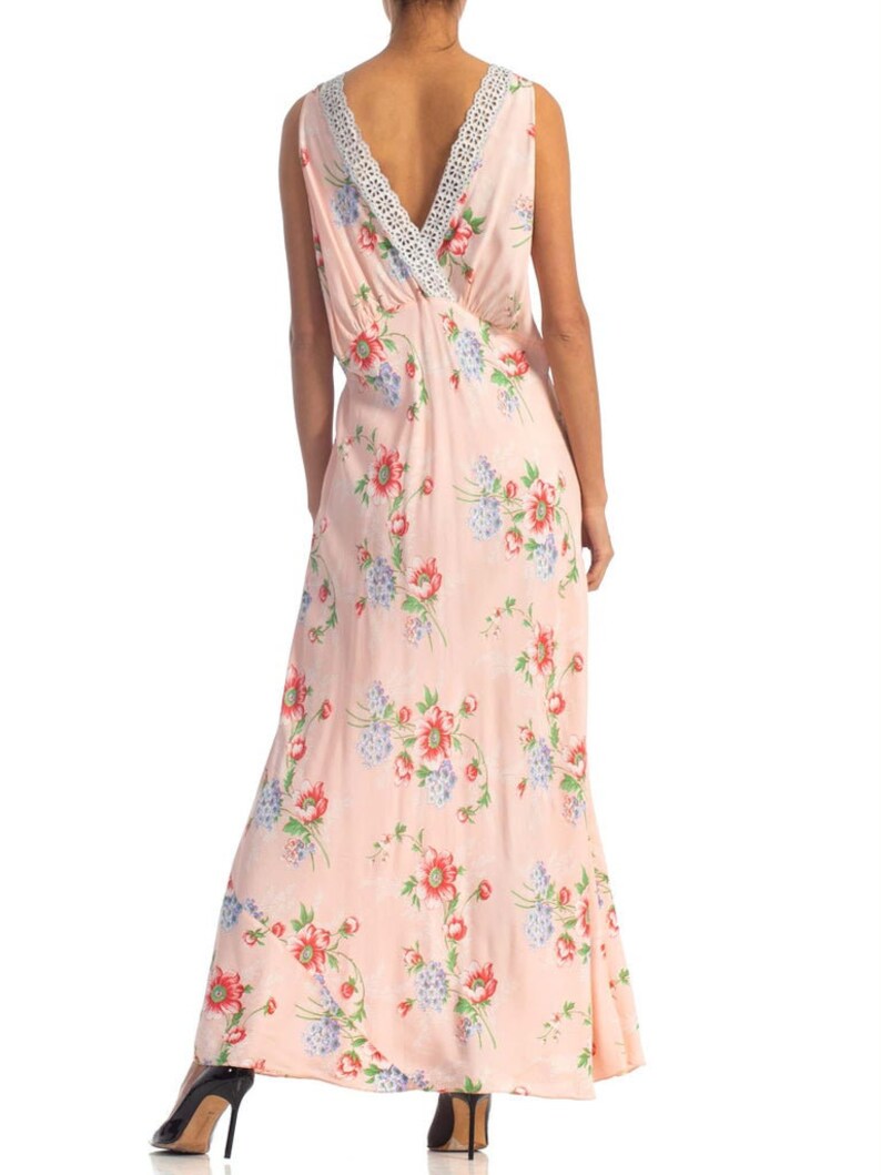 1940S Floral Bias Cut Rayon Negligee With Lace Neck Line Slip Dress XL ...