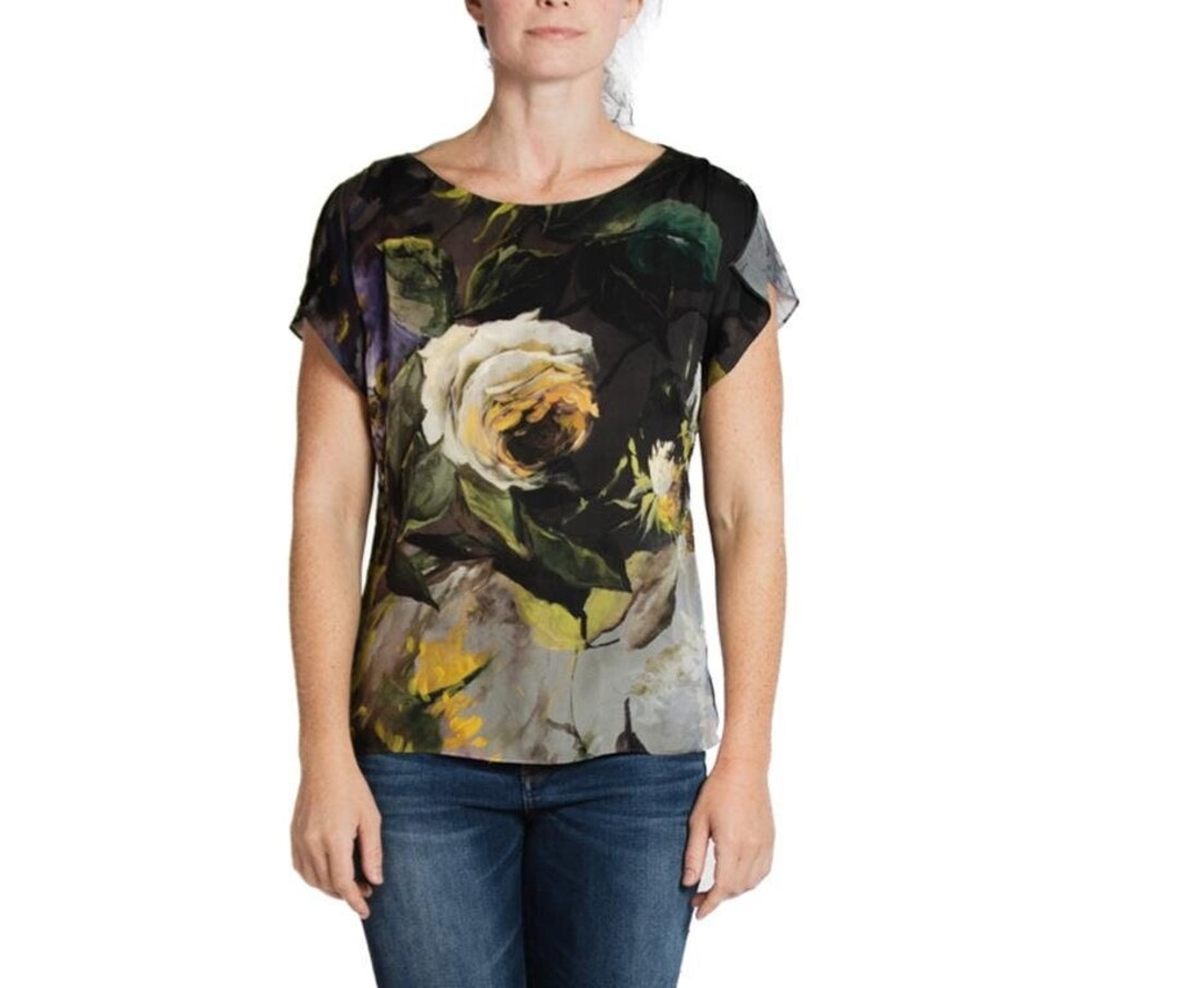 1990S Black & Green Silk Satin Dramatic Rose Print Top - Etsy