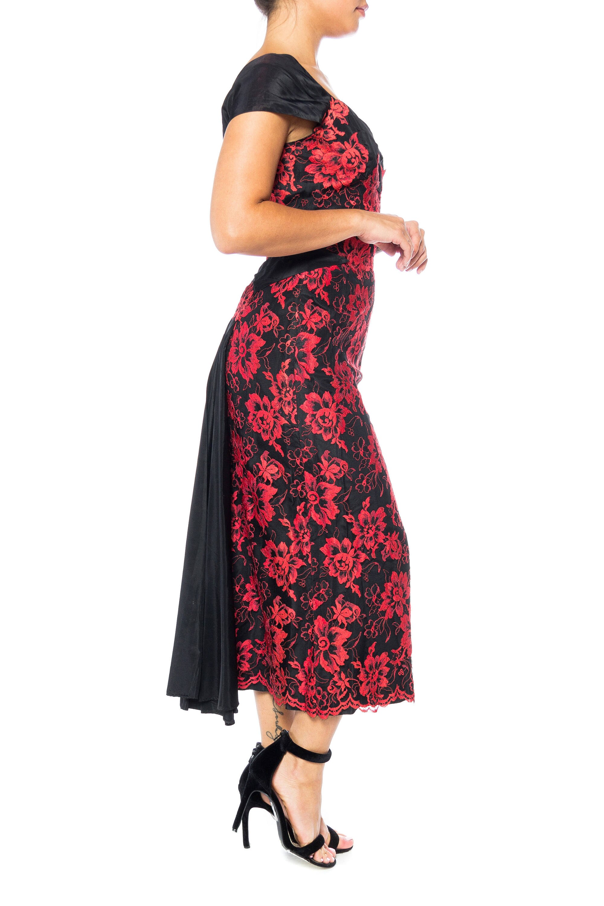 1950S PEGGY HUNT Black & Red Silk Taffeta Chantilly Lace Cocktail Dress ...