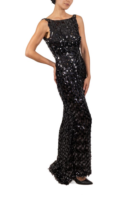 1990S Black Sequined Silk Minimalist High Neck Low Ba… - Gem