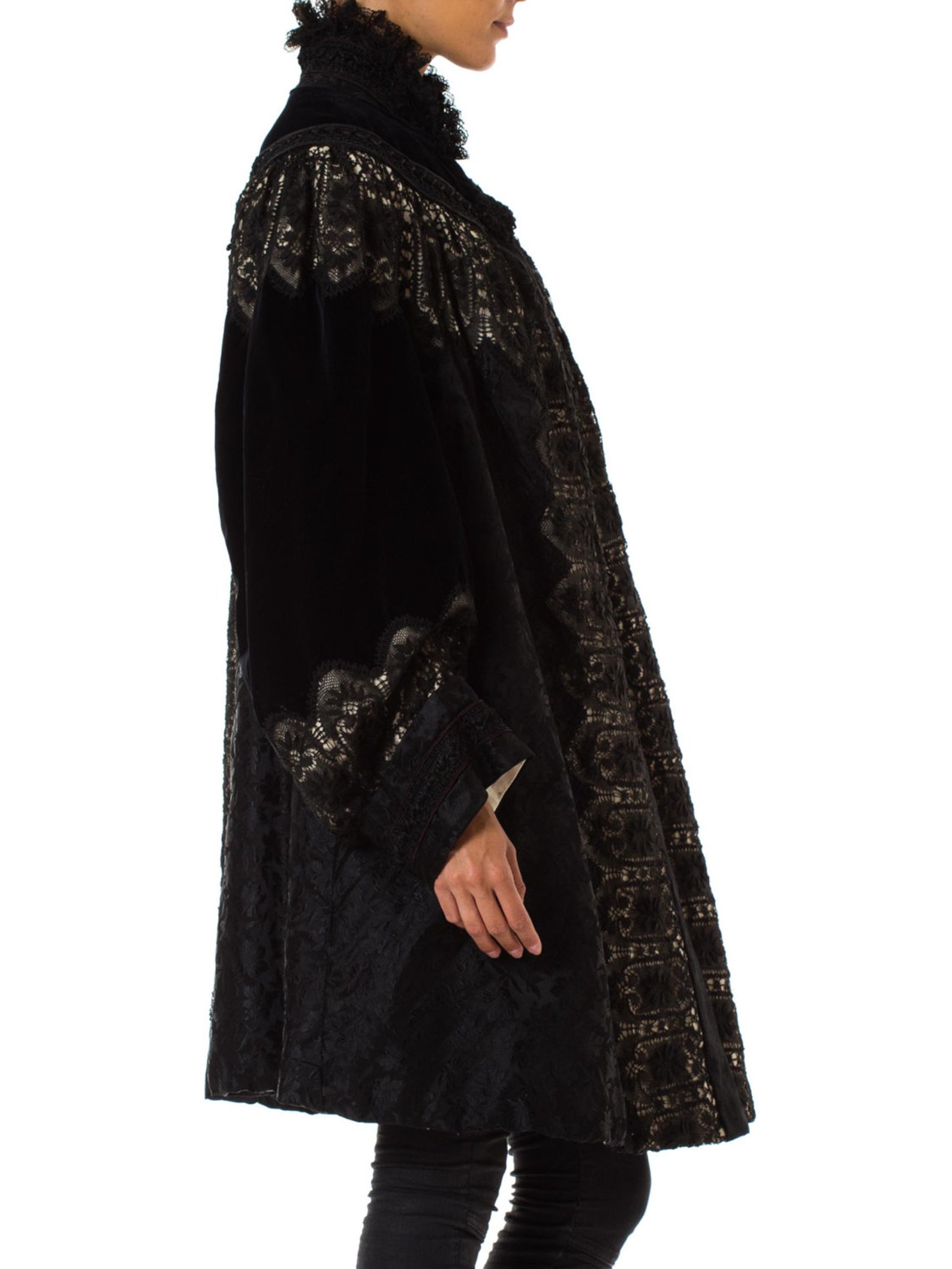 Victorian Black & White Silk Damask With Velvet and Handmade Lace Belle ...