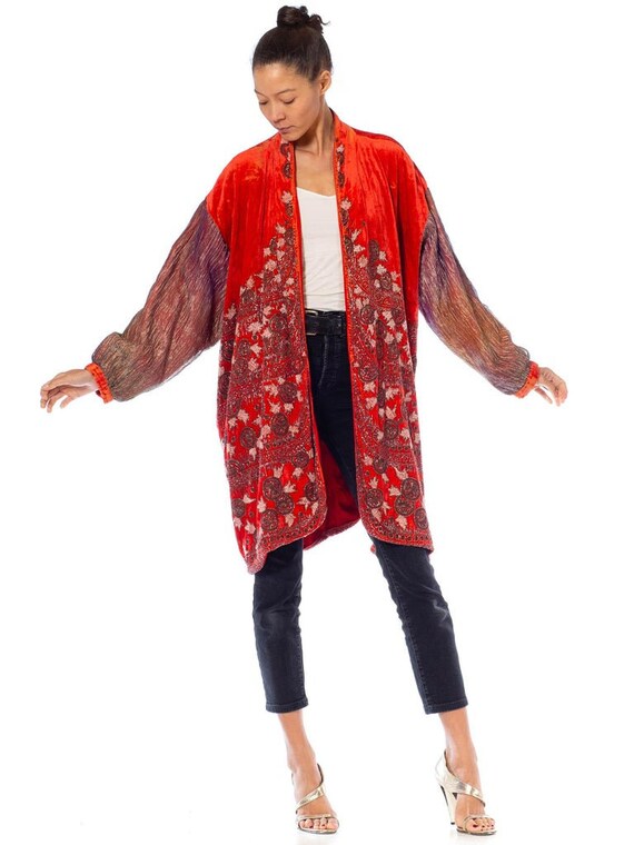 1920S Red Silk Velvet Beaded Opera Coat From Paris - Gem