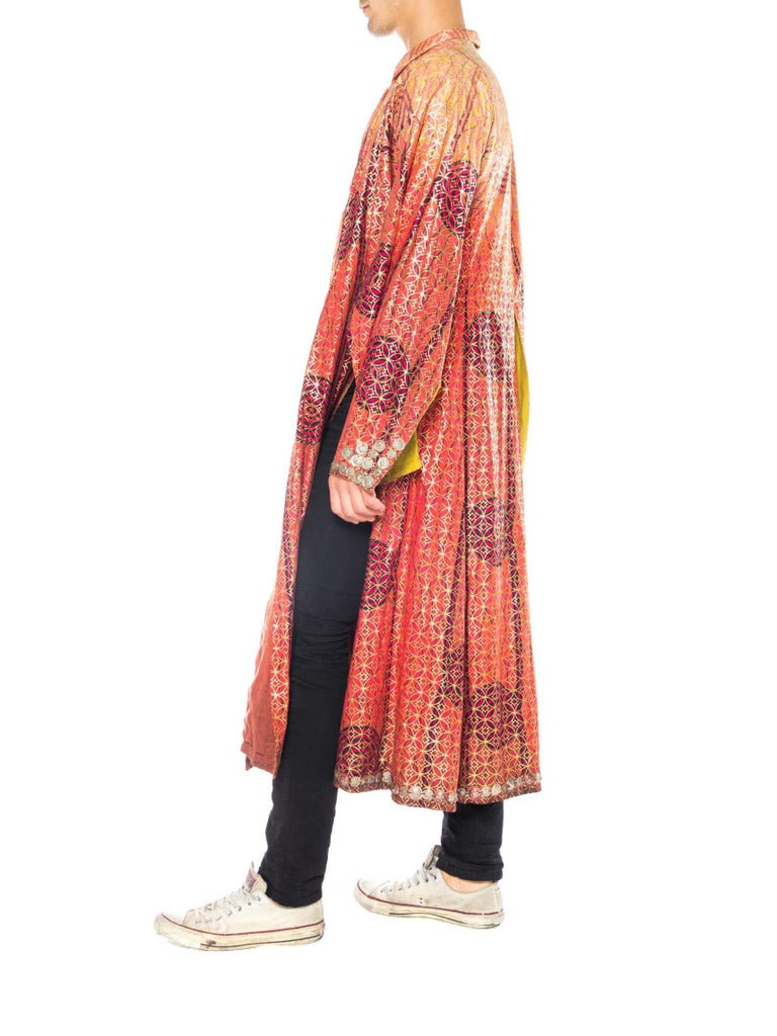 1960S Gold Hand Printed Cotton Blend Full Length Metallic Robe ...