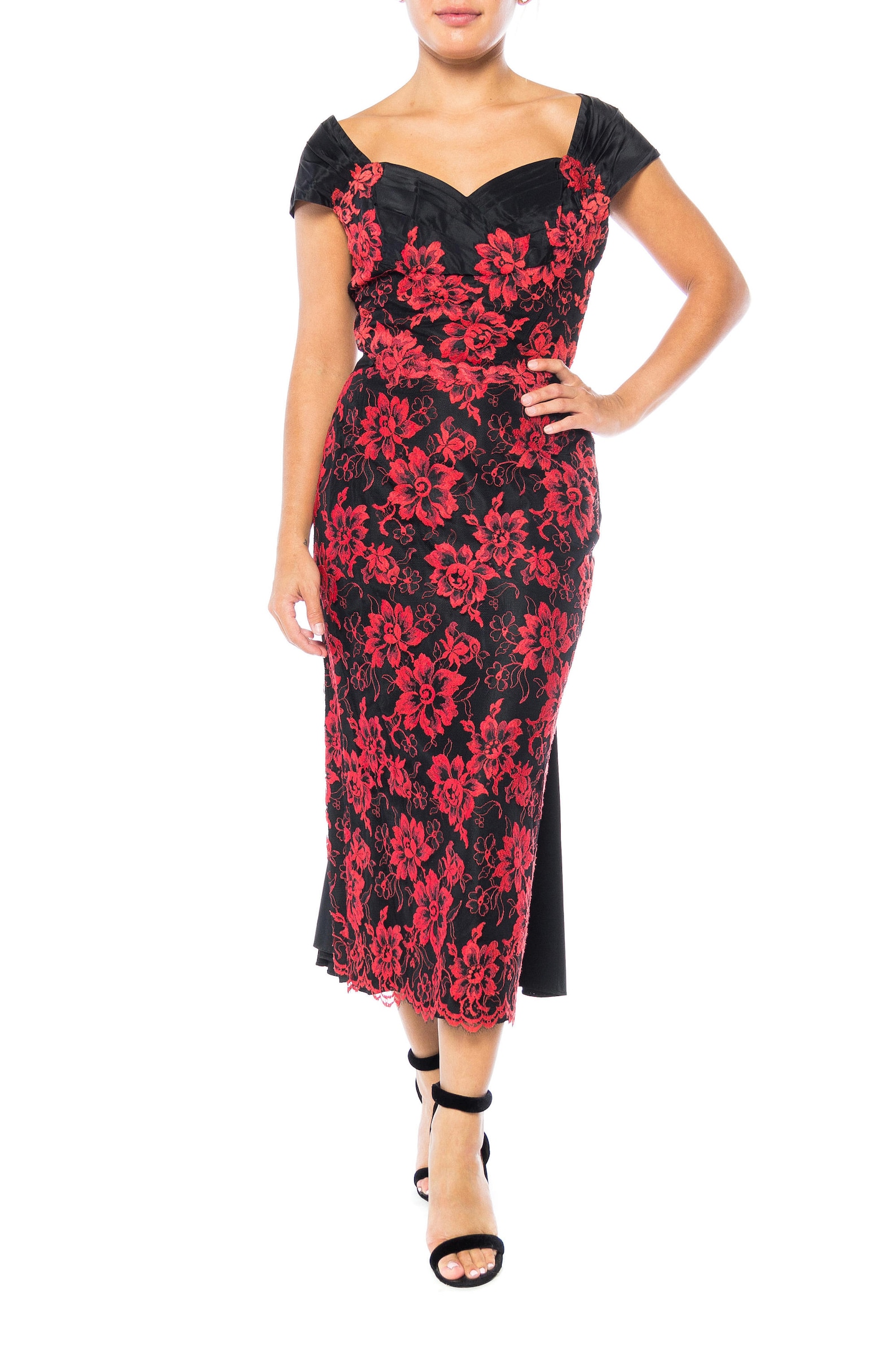 1950S PEGGY HUNT Black & Red Silk Taffeta Chantilly Lace Cocktail Dress ...