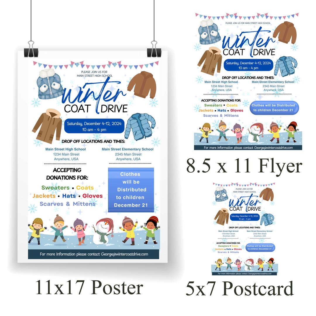 Winter Coat Drive Flyer, Postcard, Poster, Holiday Fundraiser Template ...