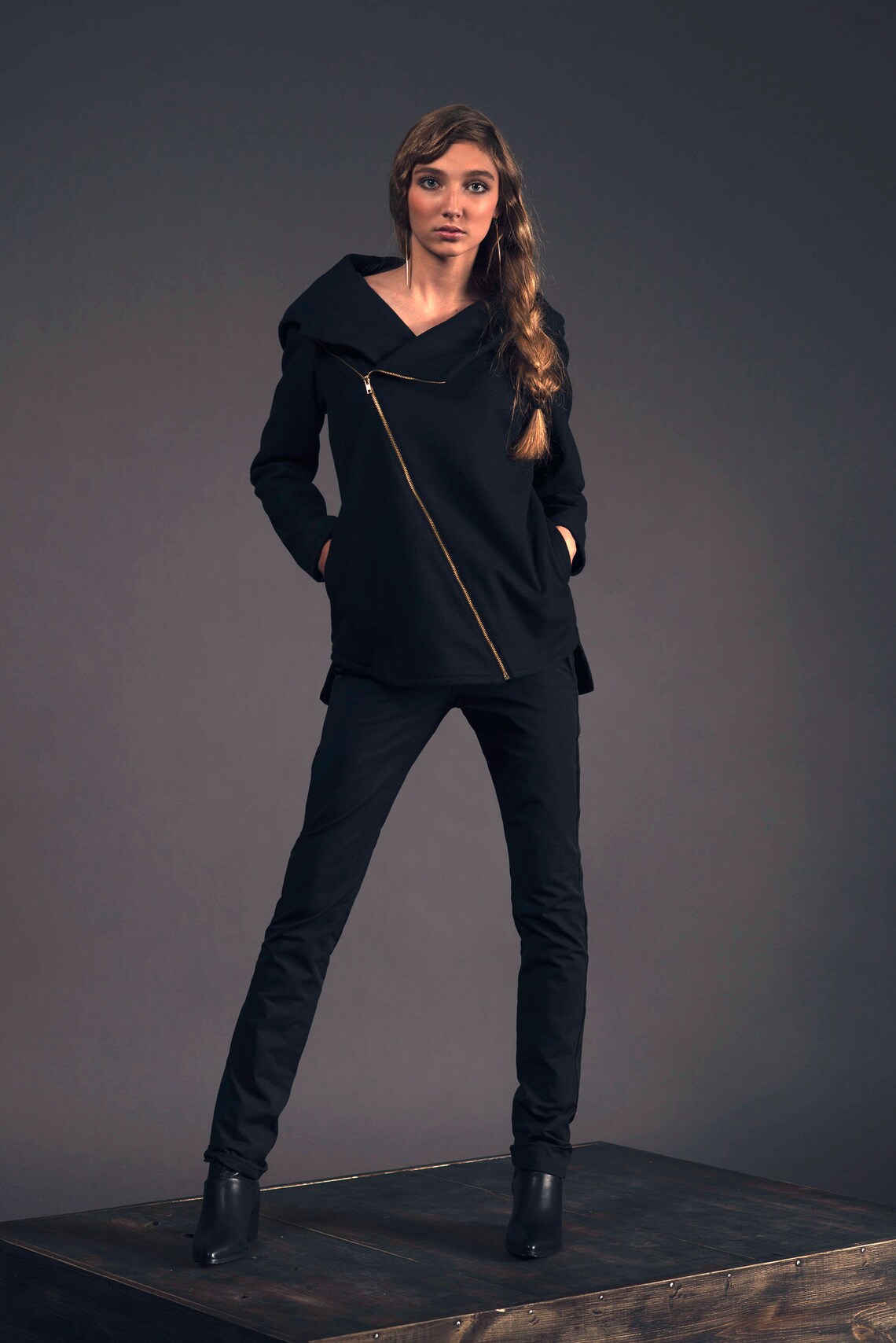 Cross Zip Jacket, Hooded Jacket, Asymmetrical Jacket, Black Coat ...